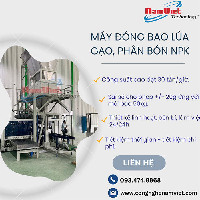 Máy đóng bao lúa gạo, phân bón NPK công suất cao đạt 30 tấn/giờ.